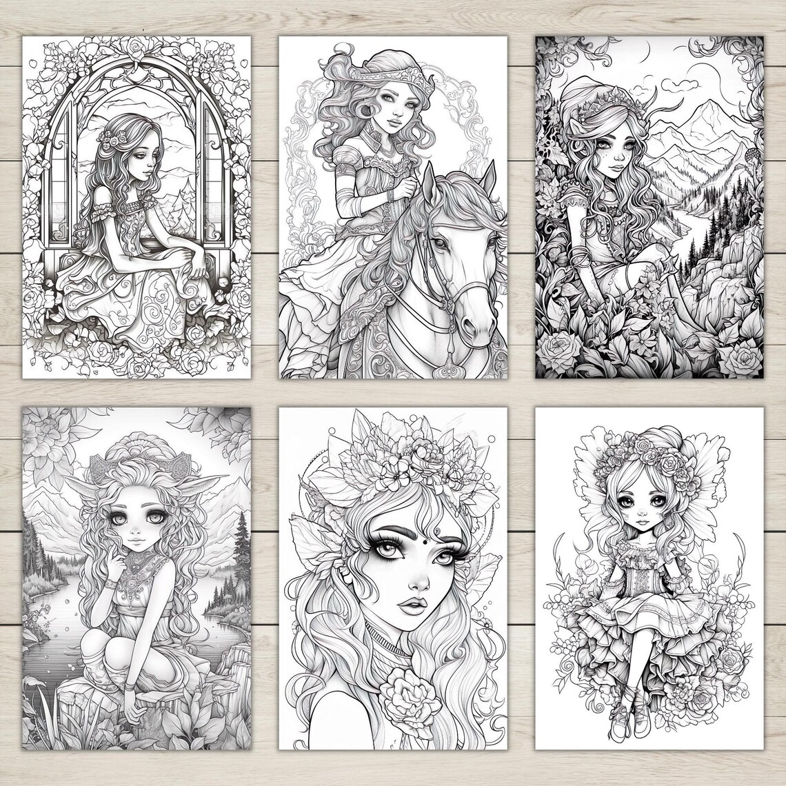 Cute Fairy Princesses Coloring Pages, Grayscale Coloring Page, Fantasy ...