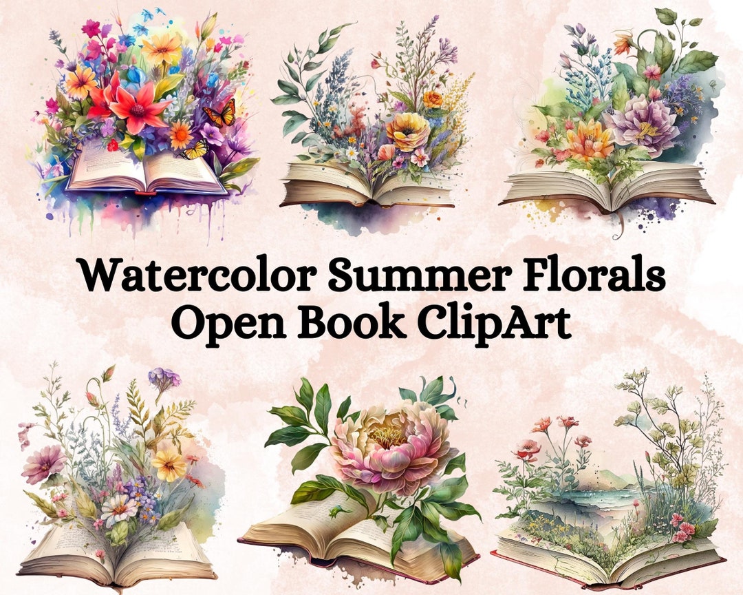 20 Watercolor Summer Florals Fantasy Open Book Clipart, Summer Flowers ...