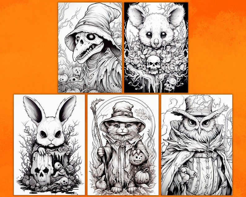 Creepy Halloween Animals Coloring Pages for Adults, Grayscale Coloring ...