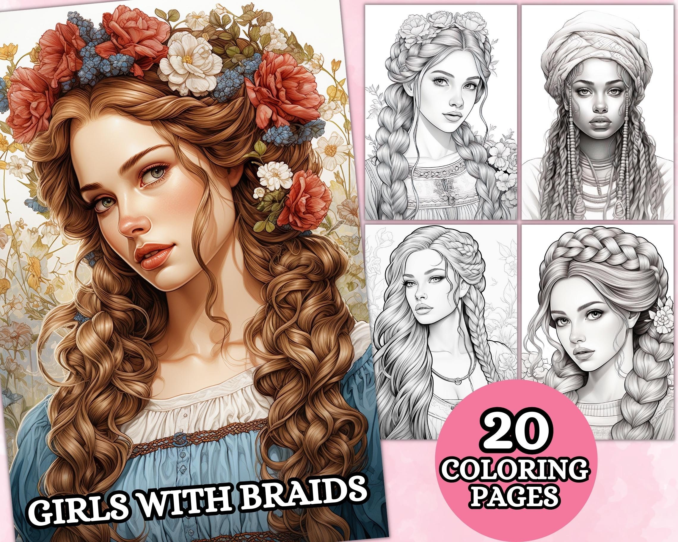Girls With Braids Coloring Pages for Adults, Grayscale Coloring Pages ...