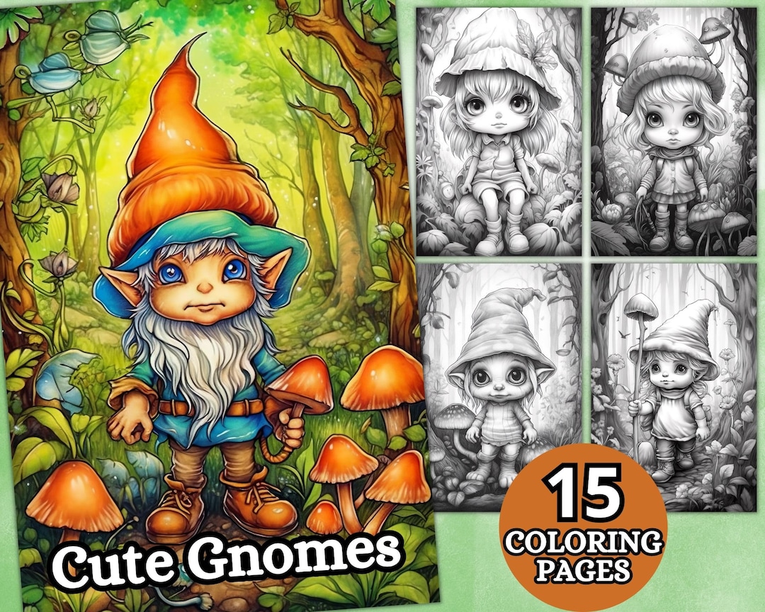 Cute Gnomes Coloring Pages, Grayscale Coloring Page, Fantasy Coloring ...