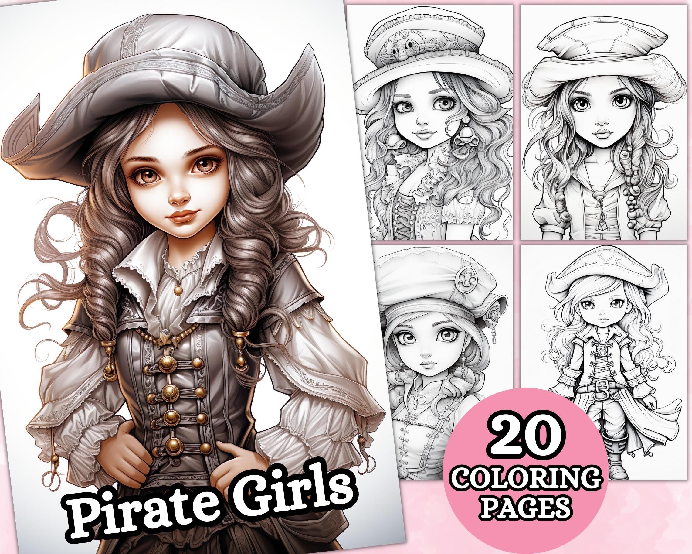 Pirate Girls Coloring Pages for Adults, Grayscale Coloring Pages ...