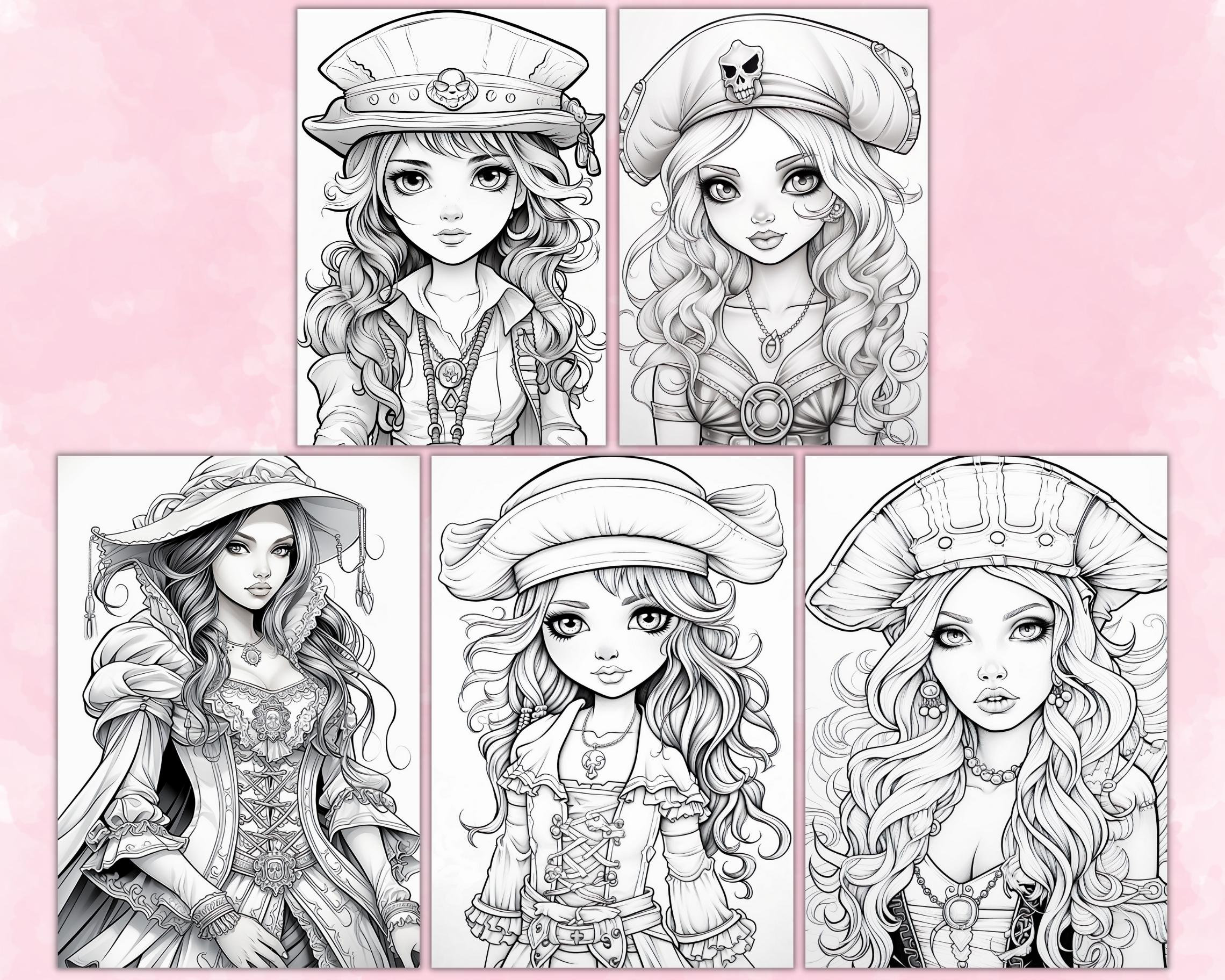 Pirate Girls Coloring Pages for Adults, Grayscale Coloring Pages ...