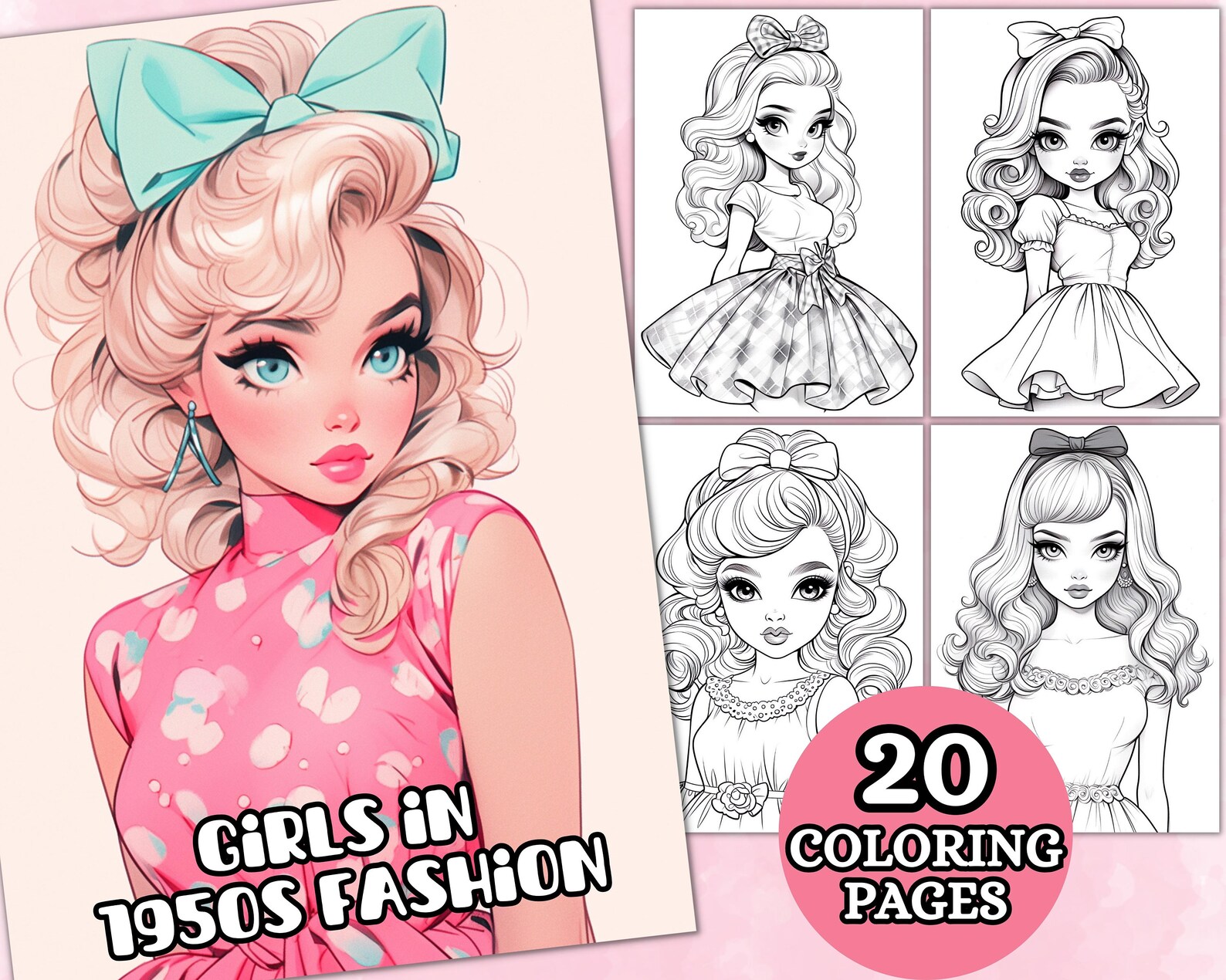 Girls in 1950s Fashion Coloring Pages for Adults, Grayscale Coloring ...