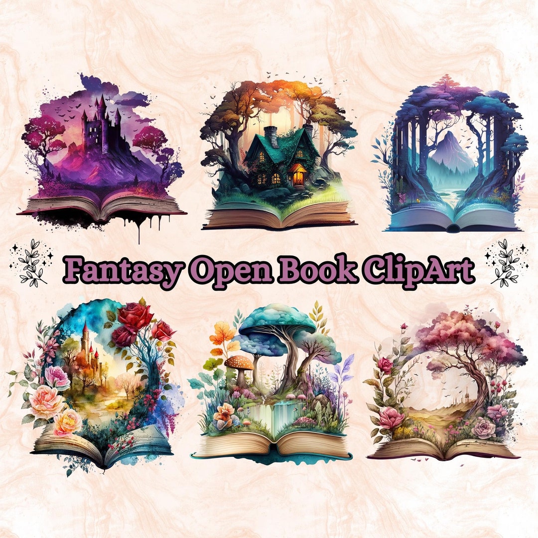 24 Watercolor Fantasy Books Clipart, Open Book Clipart, Fantasy Clipart ...