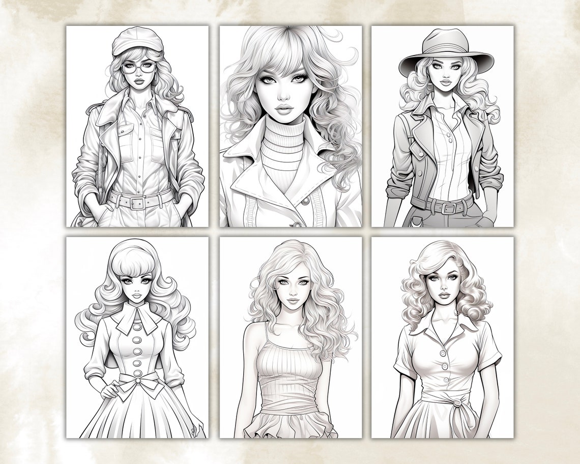Retro Girls Coloring Pages for Adults and Teens, Grayscale Coloring ...