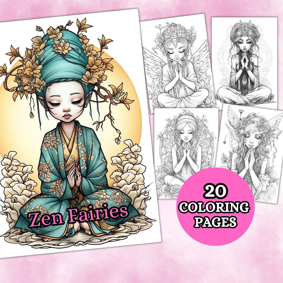 Zen Fairies Medetating Coloring Pages, Fairy Coloring Page, Grayscale ...