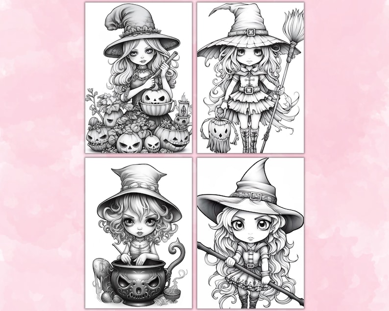 Cute Witch Coloring Pages For Adults Grayscale Coloring Page Etsy