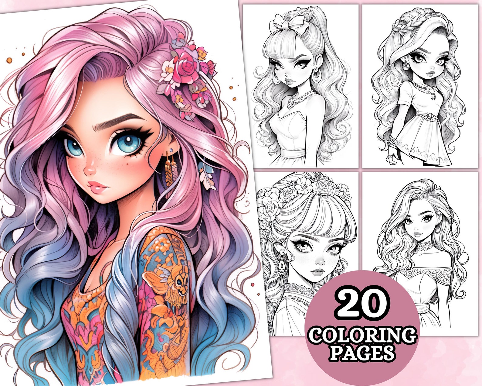 Cute Anime Girls Coloring Pages For Adults Grayscale Coloring Etsy