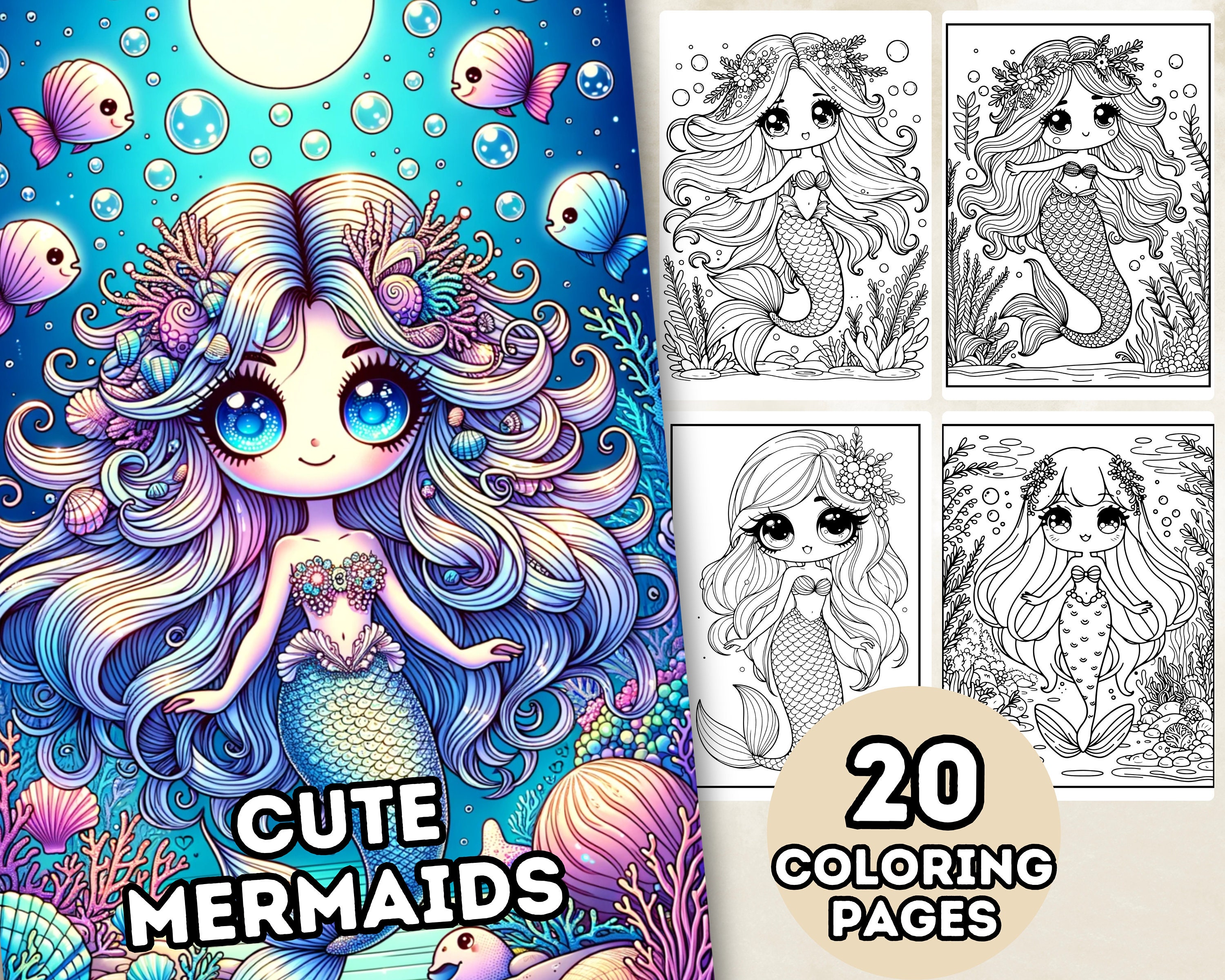 Cute Mermaids Coloring Pages for All Ages, Mermaid Coloring Book ...