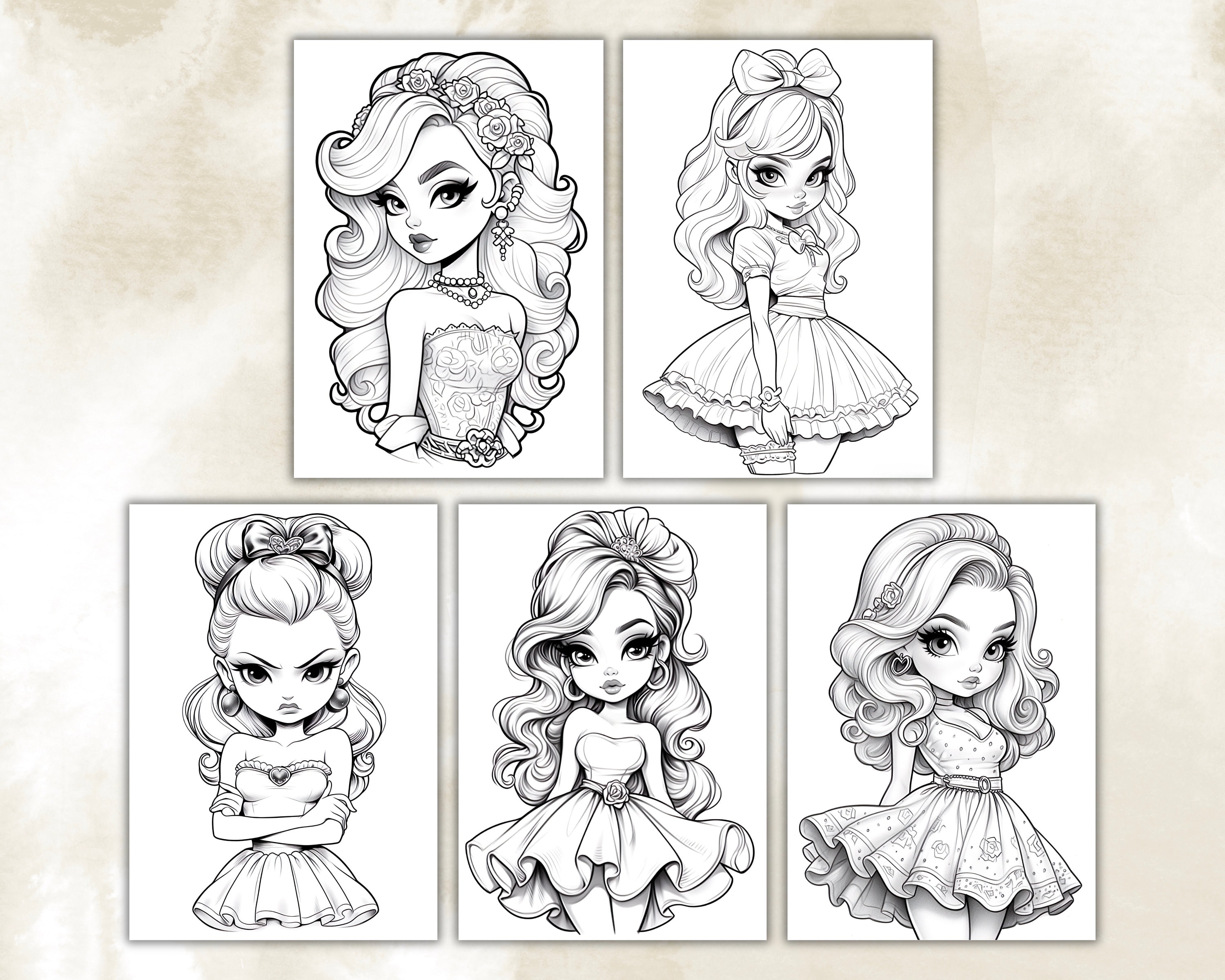 Cute Pin up Girls Coloring Pages, Grayscale Coloring Book, Printable ...
