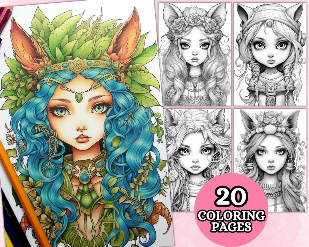 Cute Druid Girls Coloring Pages for Adults, Grayscale Coloring Pages ...