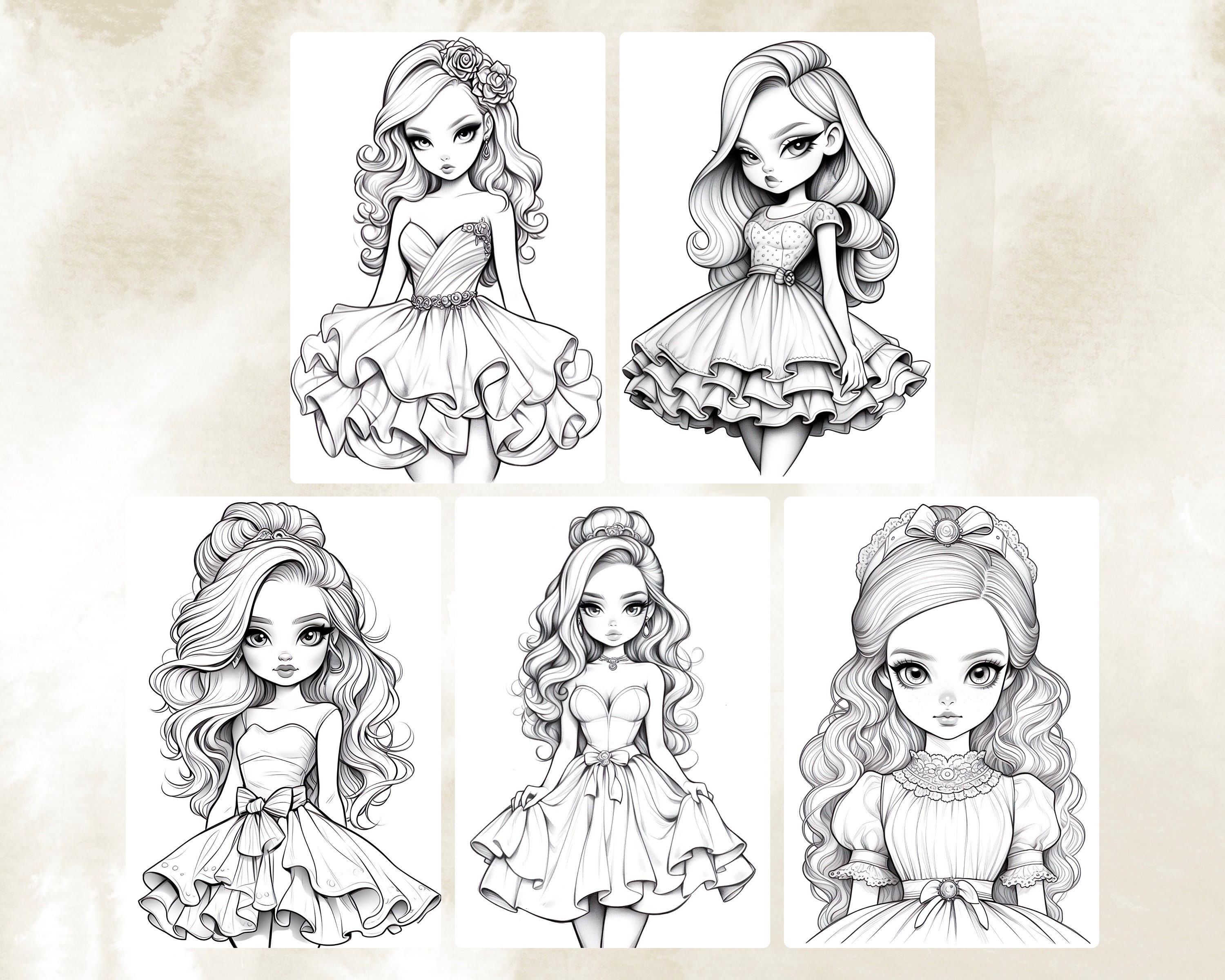 Cute Anime Girls in Dresses Coloring Pages, Grayscale Coloring Pages ...