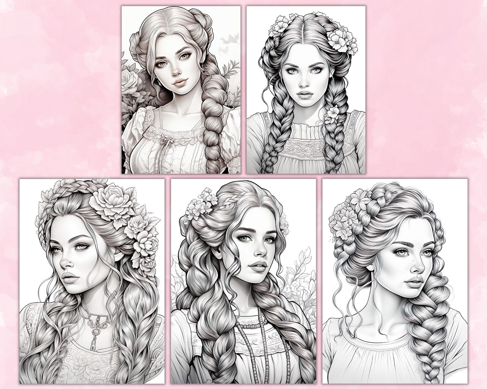 Girls With Braids Coloring Pages for Adults, Grayscale Coloring Pages ...