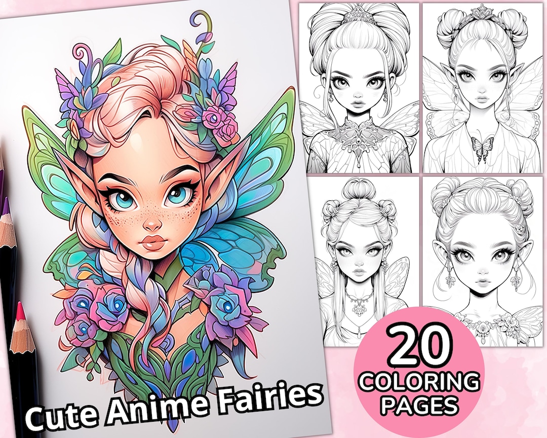 Cute Anime Fairies Coloring Pages, Grayscale Coloring Page, Fantasy ...