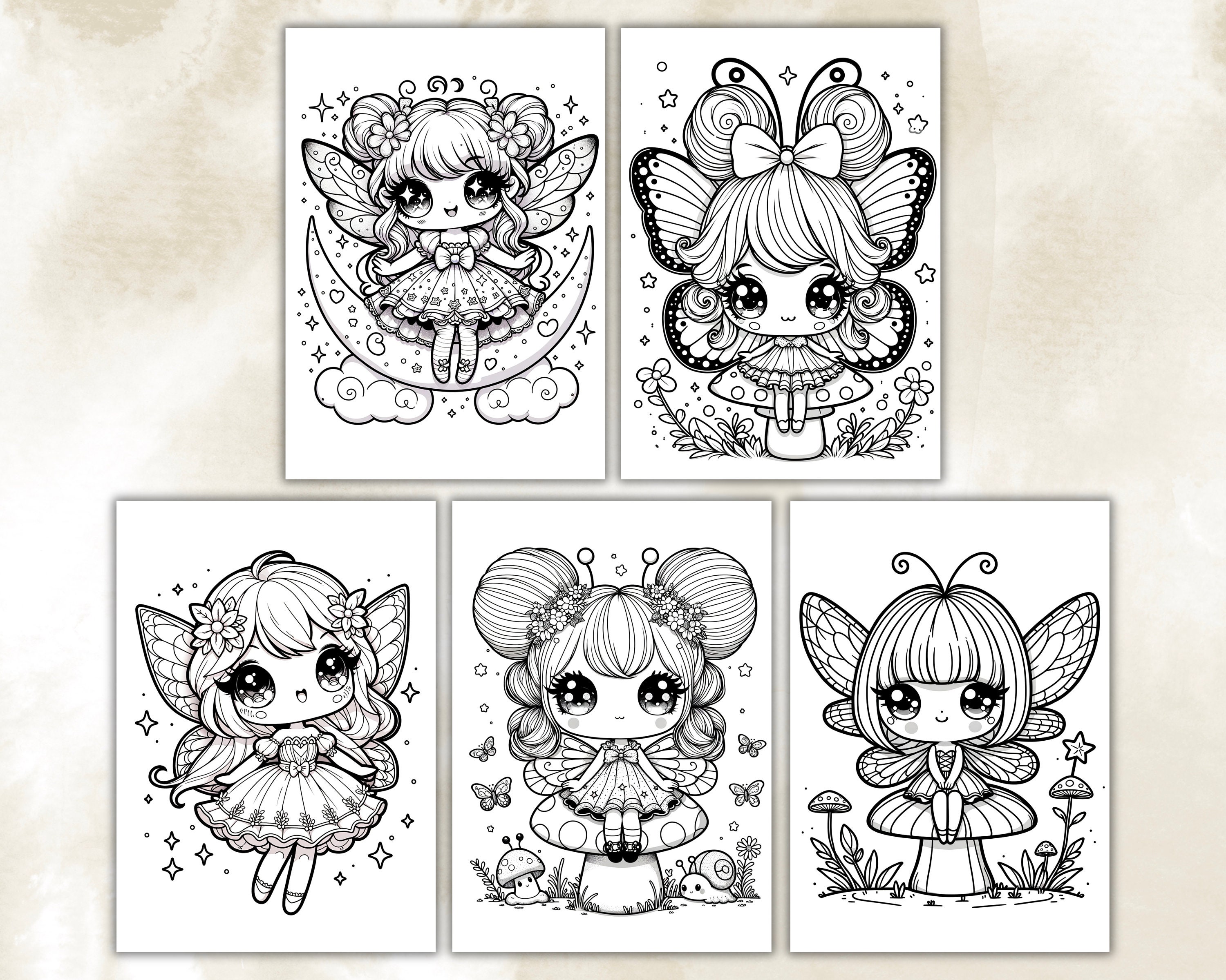 Kawaii Fairies Coloring Pages Grayscale Coloring Pages - Etsy