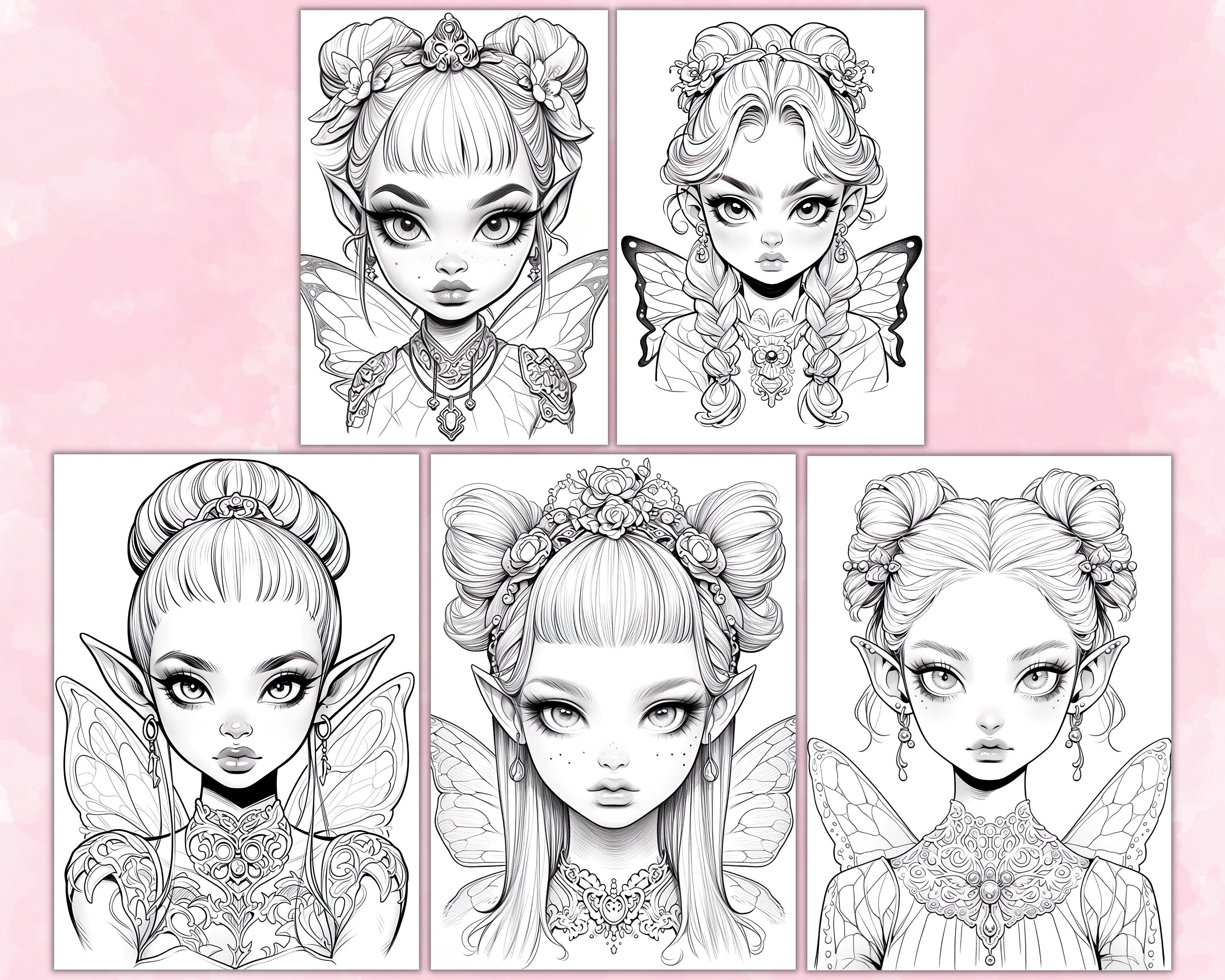 Cute Anime Fairies Coloring Pages, Grayscale Coloring Page, Fantasy ...