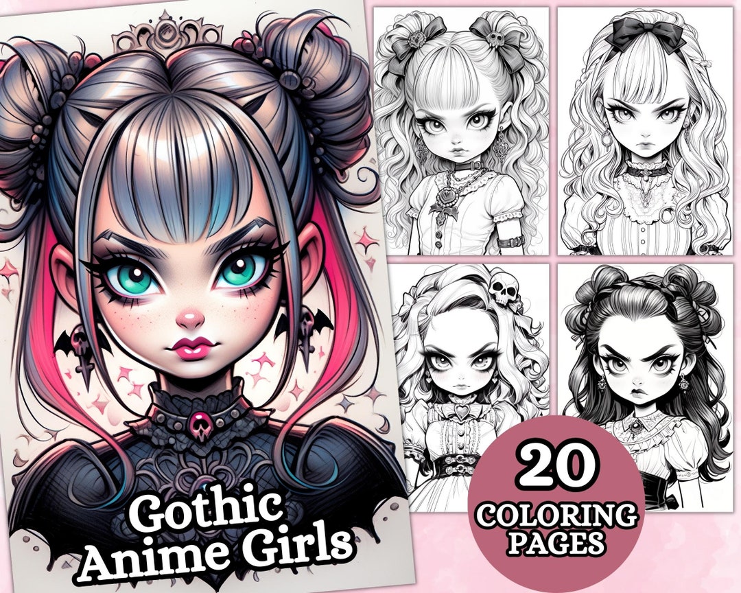 Gothic Anime Girls Coloring Pages for Adults, Grayscale Coloring Page ...