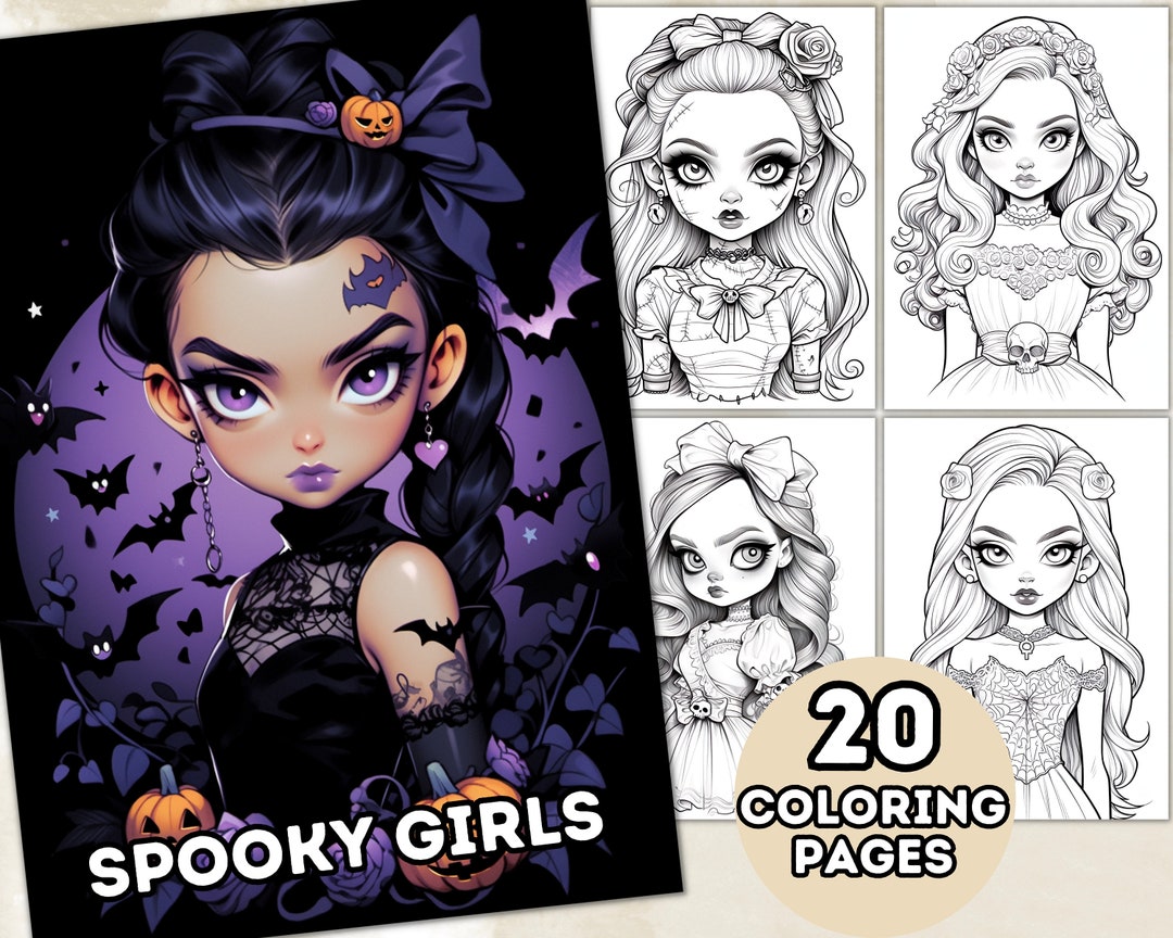 Spooky Girls Coloring Pages, Grayscale Coloring Pages, Halloween ...