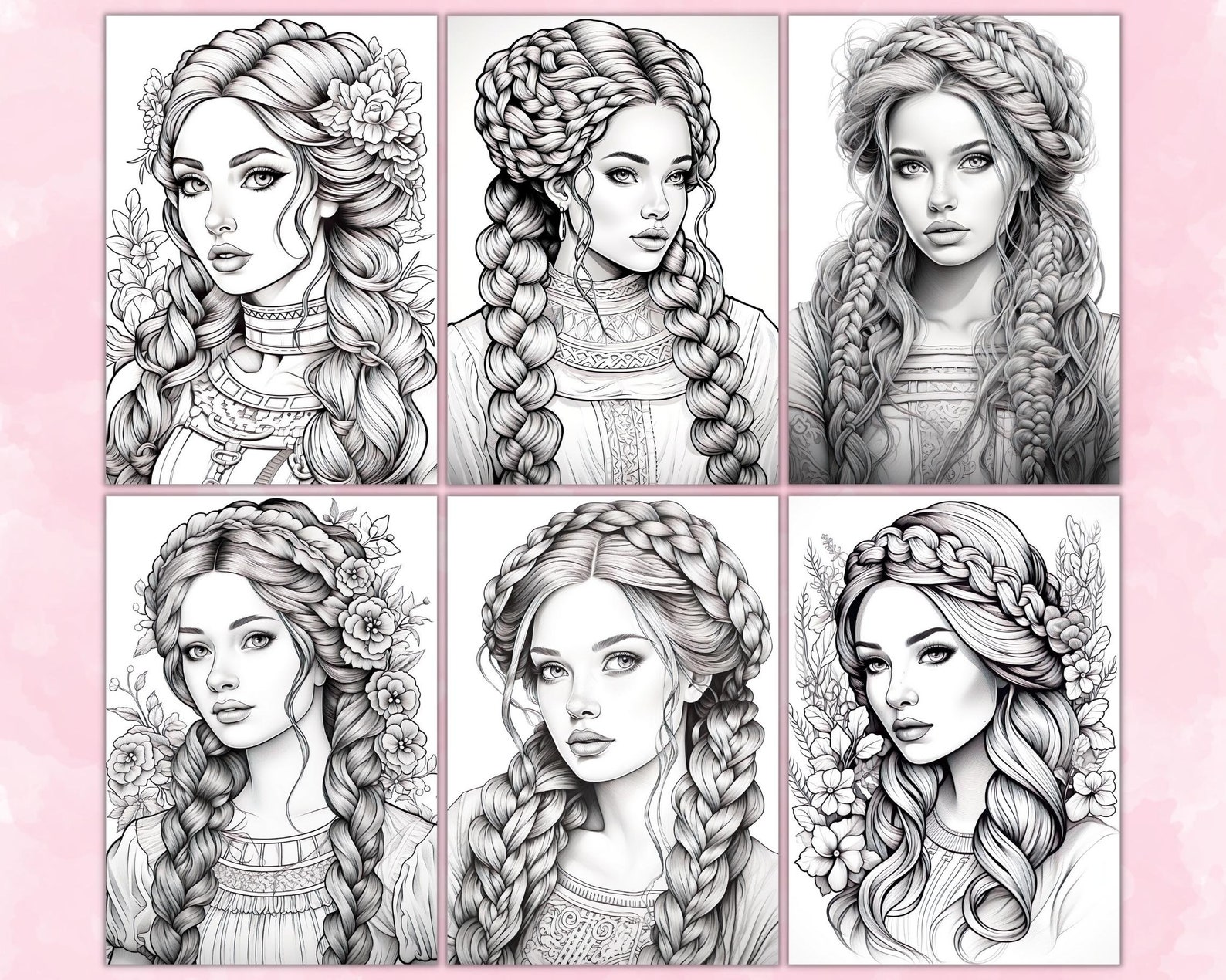 Girls With Braids Coloring Pages for Adults, Grayscale Coloring Pages ...