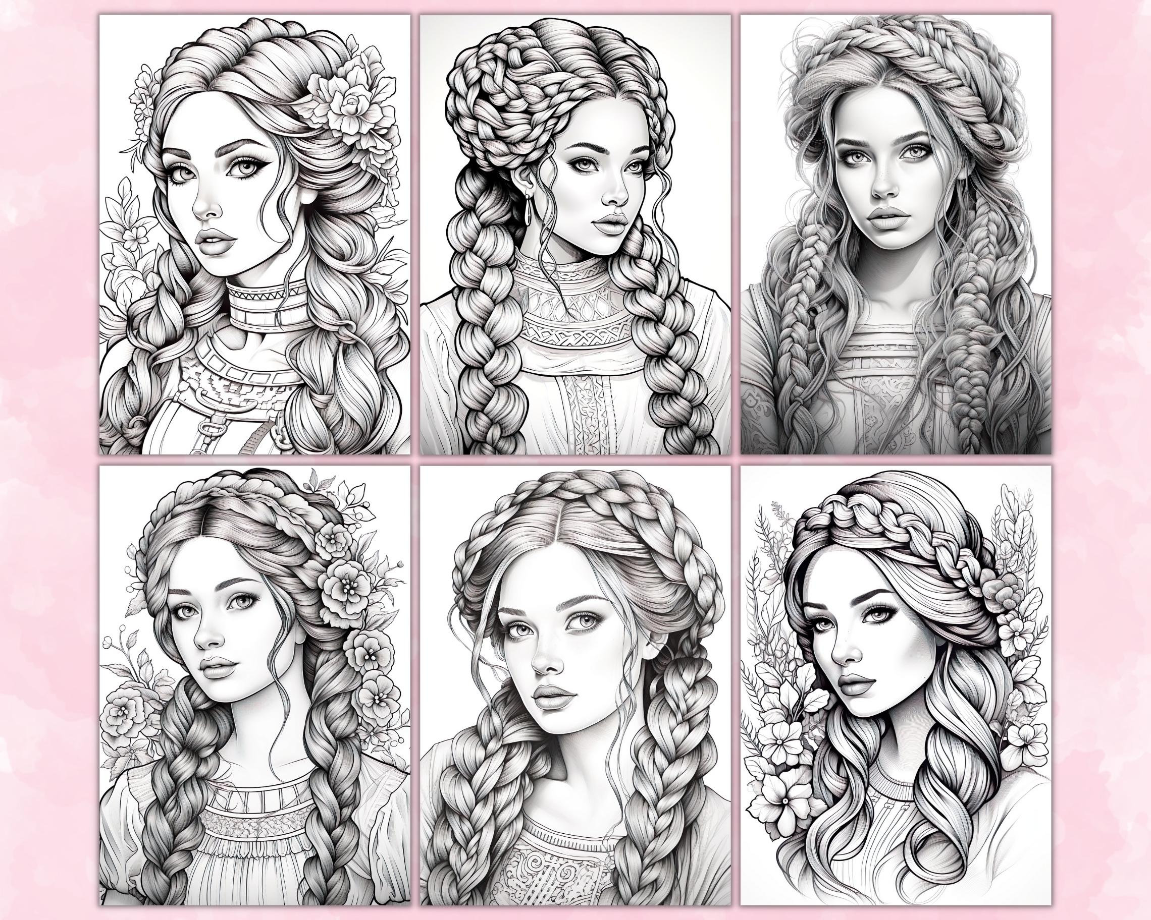 Girls With Braids Coloring Pages for Adults, Grayscale Coloring Pages ...