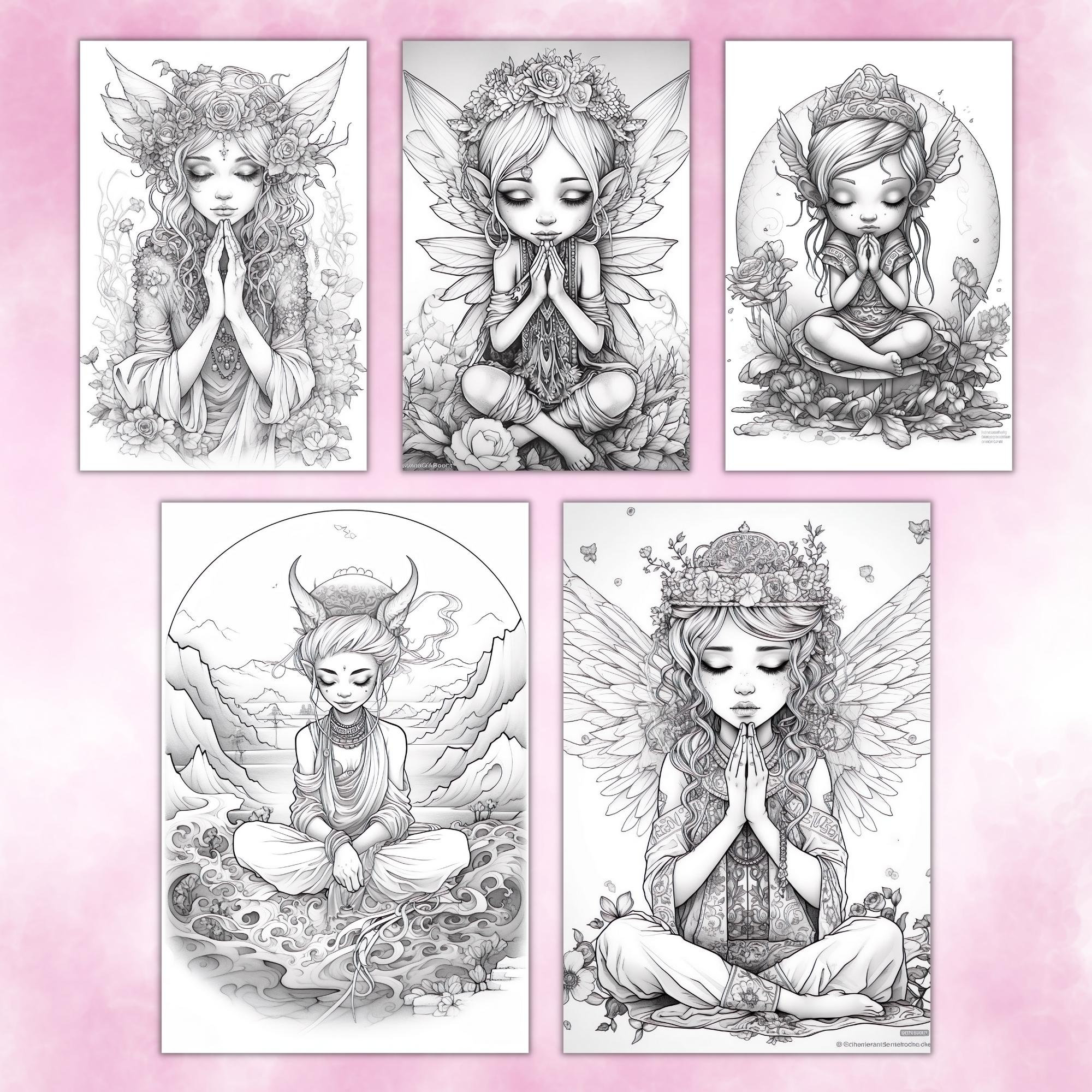 Zen Fairies Medetating Coloring Pages, Fairy Coloring Page, Grayscale ...