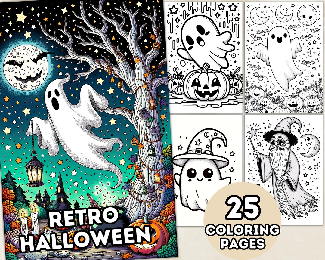 Retro Halloween Coloring Pages for Adults, Teens and Kids, Printable ...