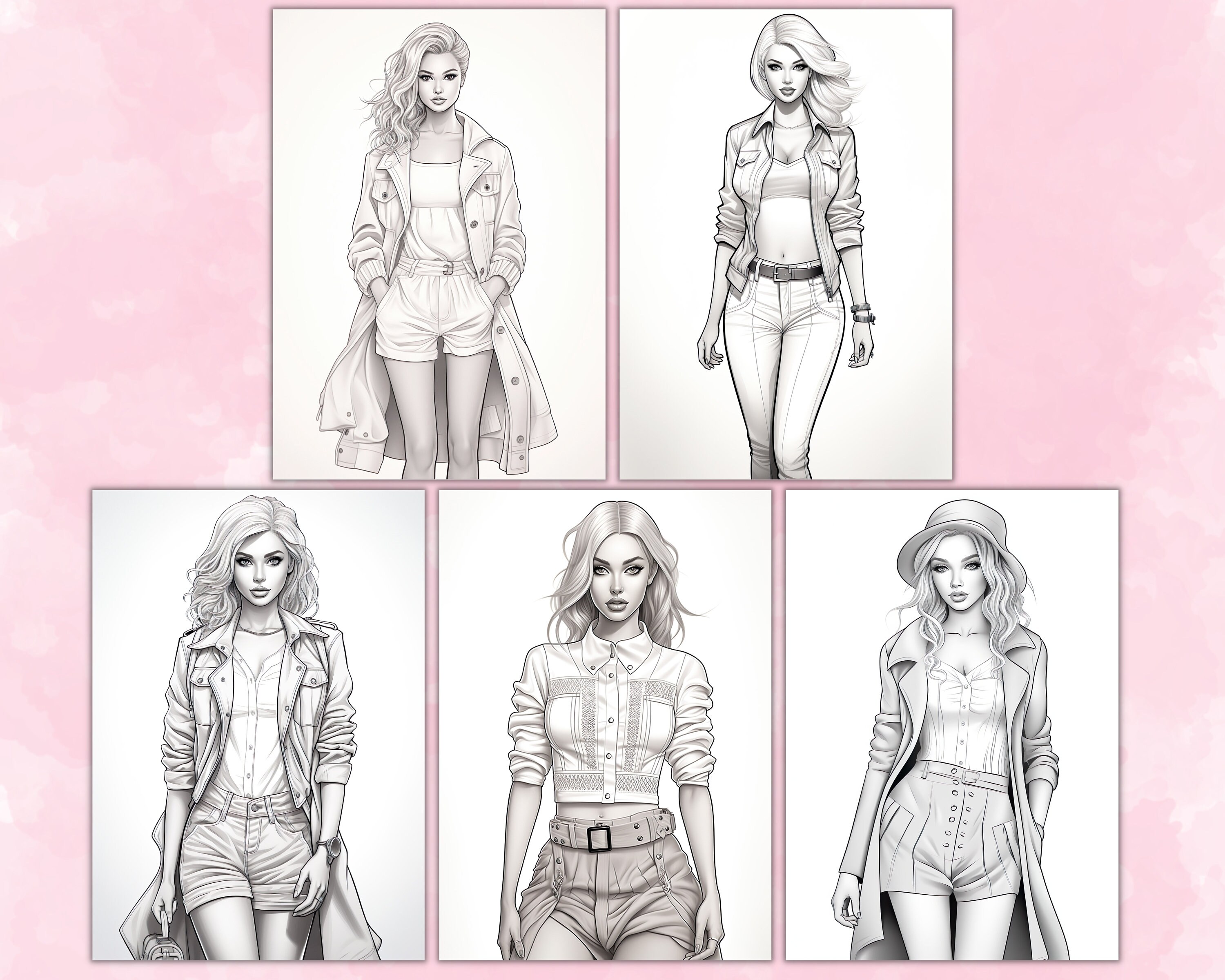 Girls in Edgy Fashion Coloring Pages for Adults, Grayscale Coloring ...
