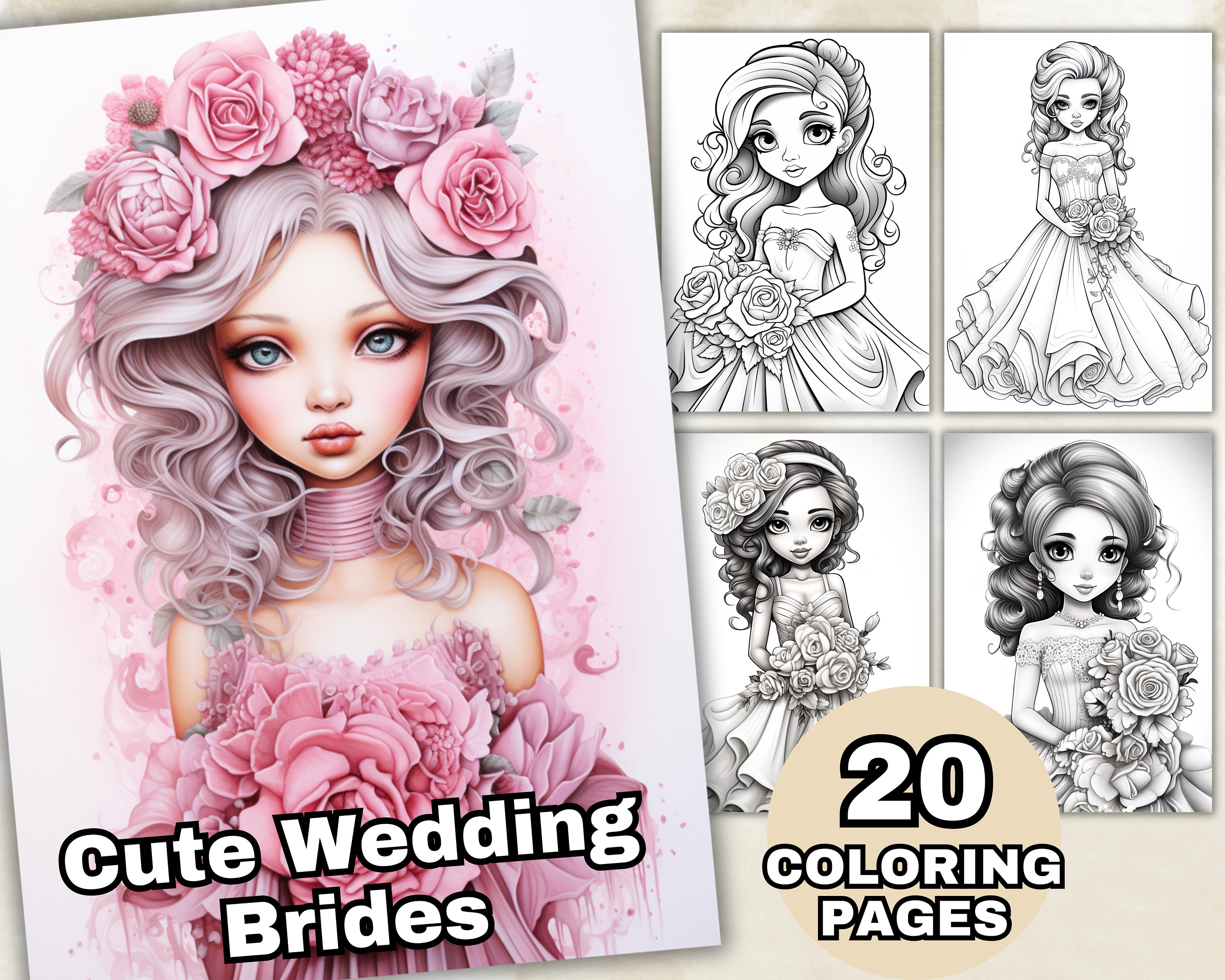 Cute Wedding Brides Coloring Pages, Grayscale Coloring Pages, Fantasy ...