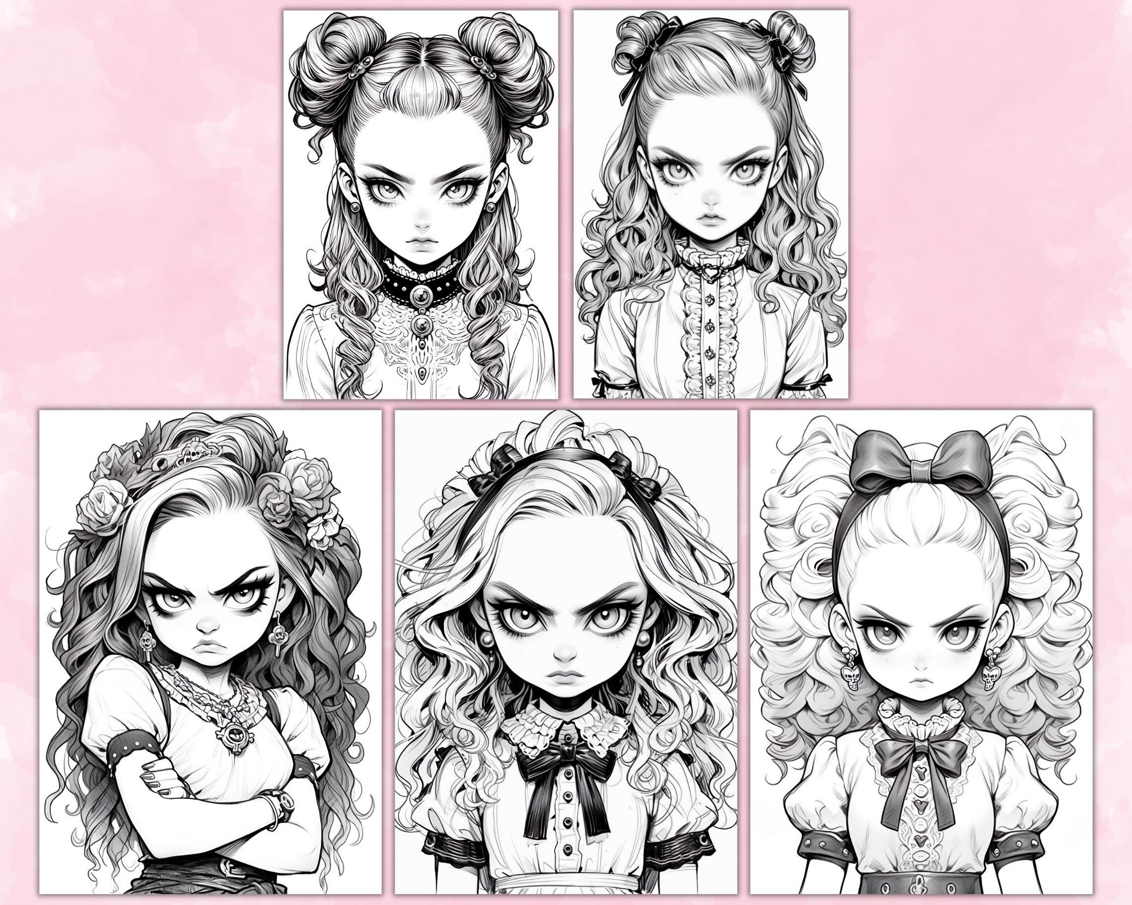 Gothic Anime Girls Coloring Pages For Adults Grayscale Etsy 
