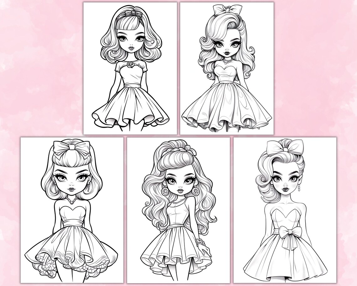 Girls in 1950s Fashion Coloring Pages for Adults, Grayscale Coloring ...
