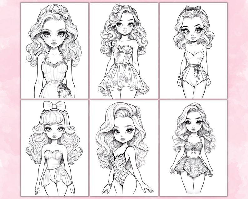 Girls in 1940s Swimwear Coloring Pages, Grayscale Coloring Pages ...