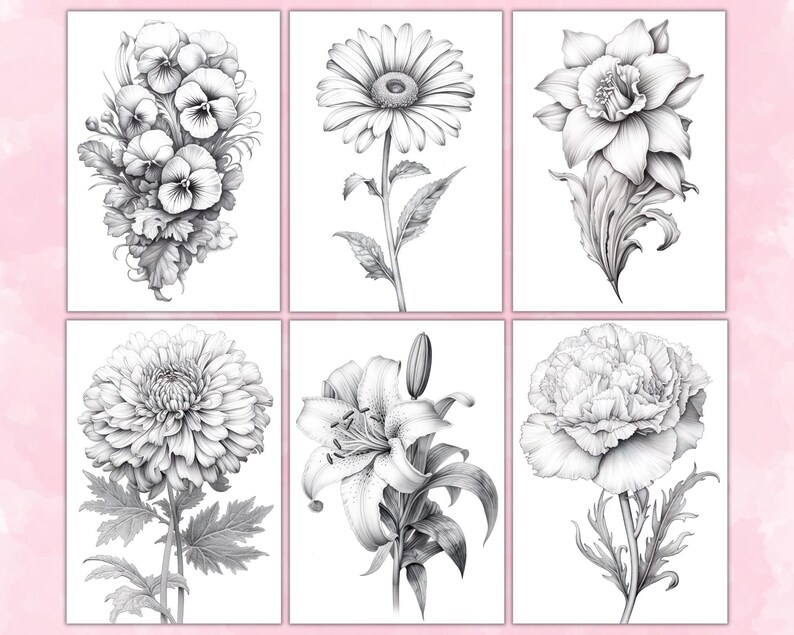 20 Grayscale Flower Coloring Pages, Grayscale Coloring Page, Flower ...