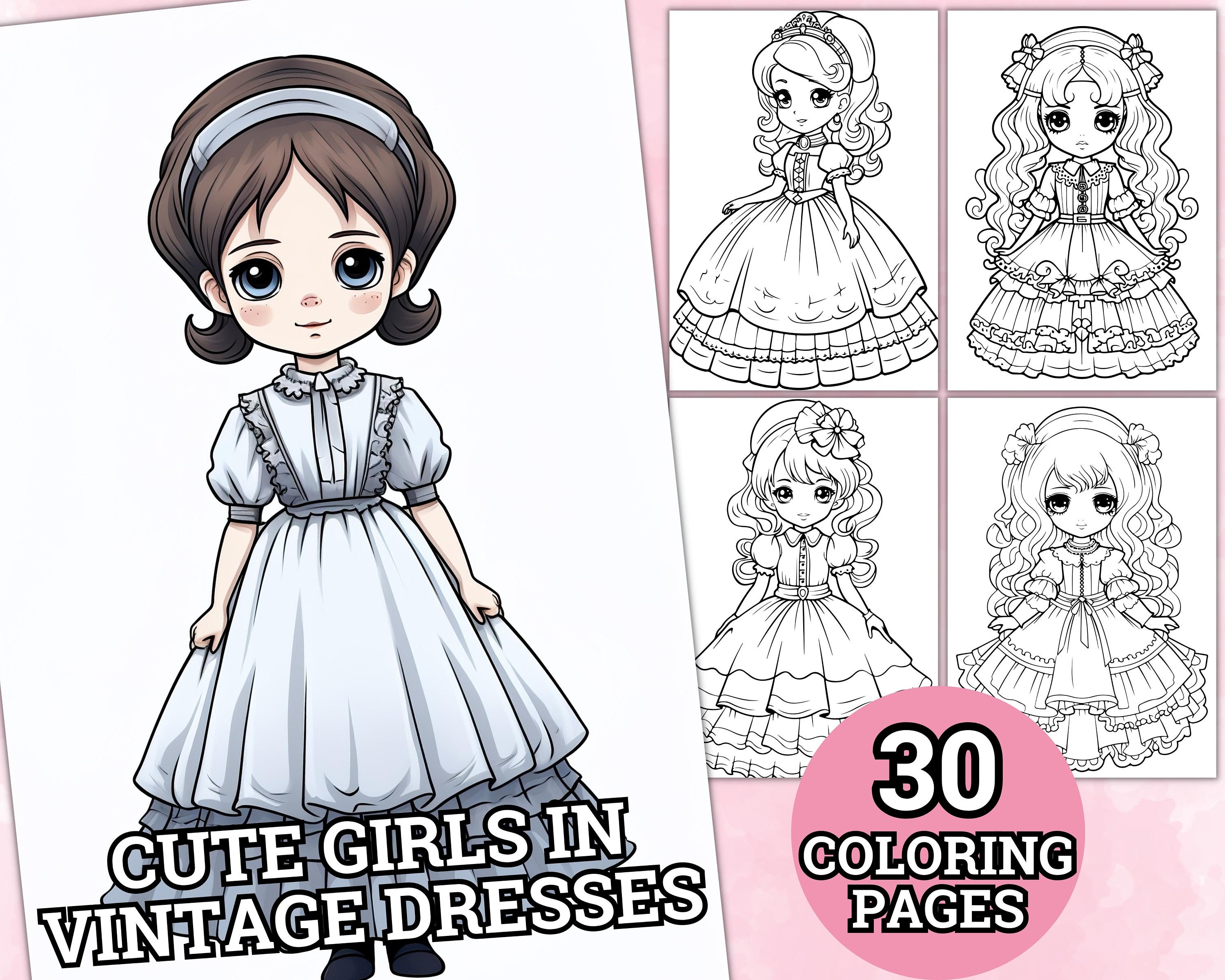 Cute Girls in Vintage Dresses Coloring Pages Digital Coloring - Etsy