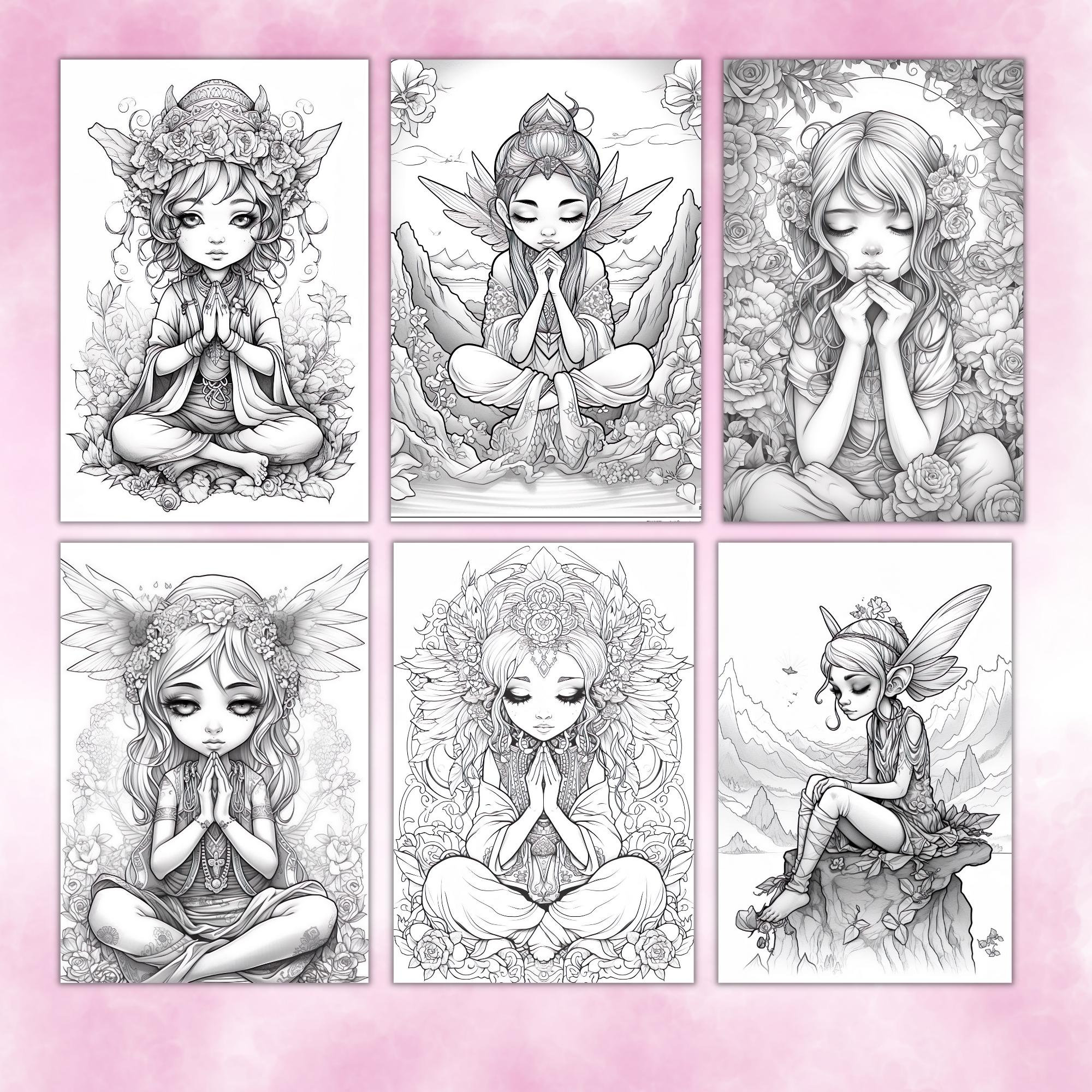 Zen Fairies Medetating Coloring Pages, Fairy Coloring Page, Grayscale ...