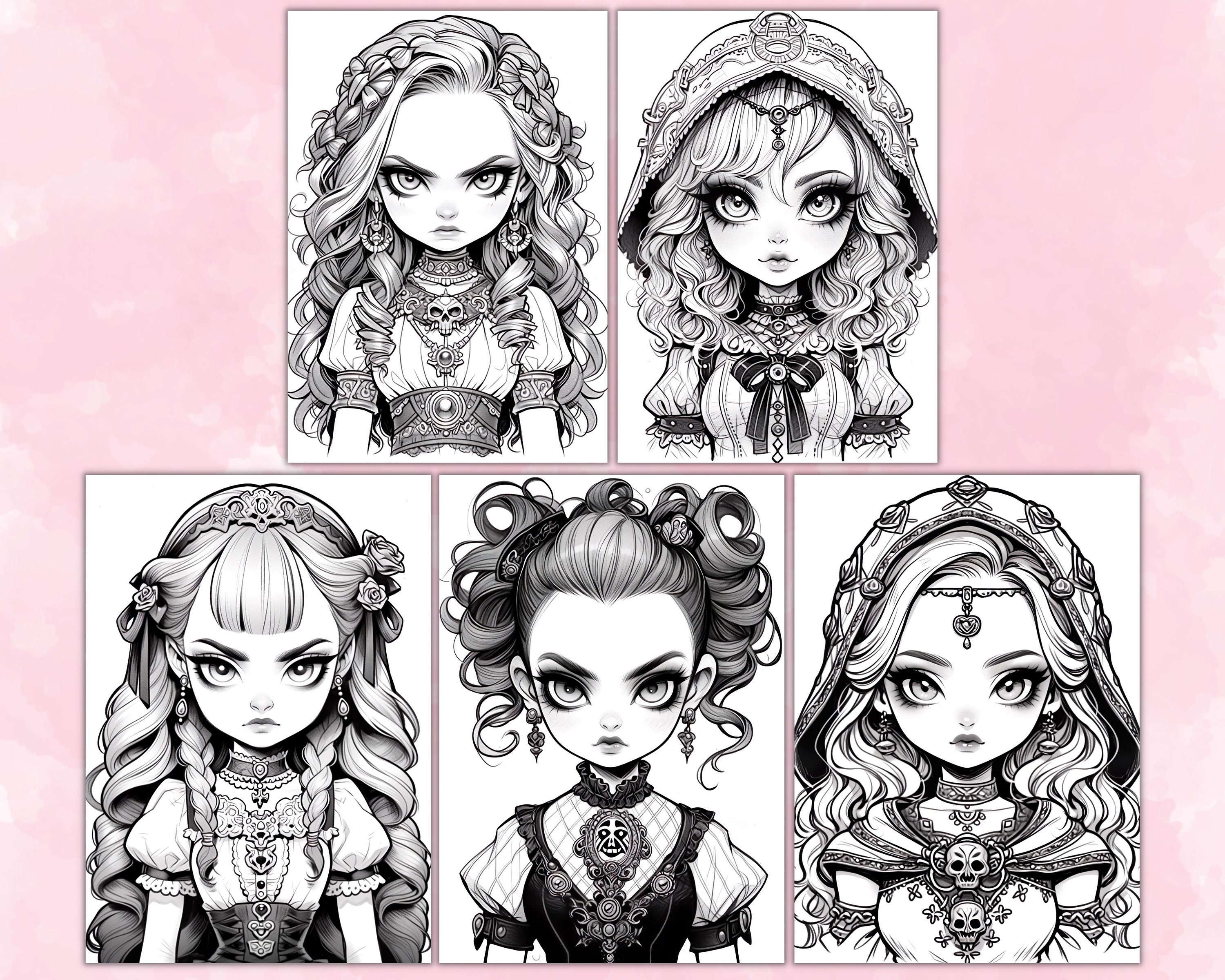 Anime Gothic Enchantresses Coloring Pages for Adults, Grayscale ...