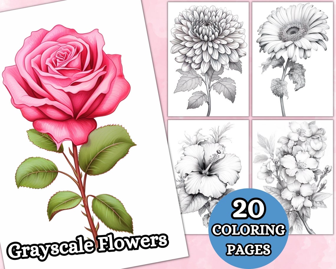 20 Grayscale Flower Coloring Pages, Grayscale Coloring Page, Flower ...