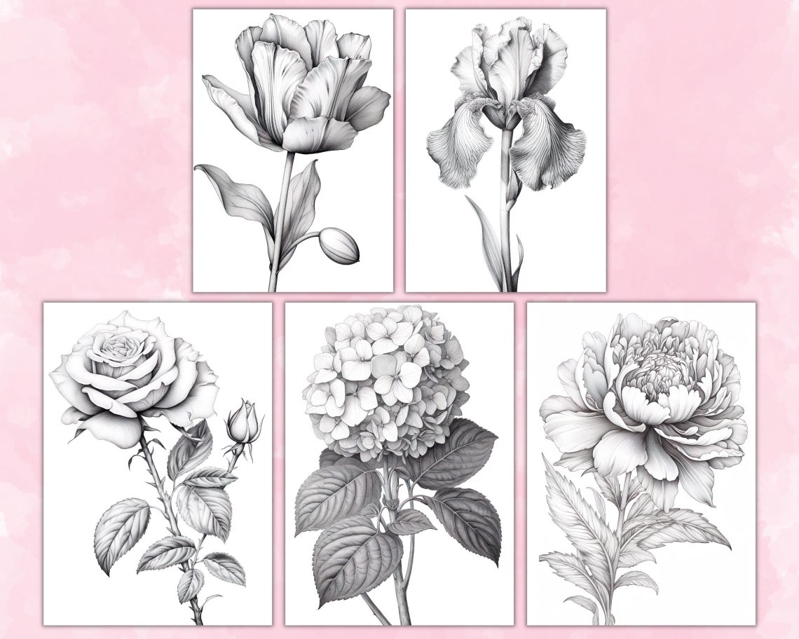 20 Grayscale Flower Coloring Pages, Grayscale Coloring Page, Flower ...