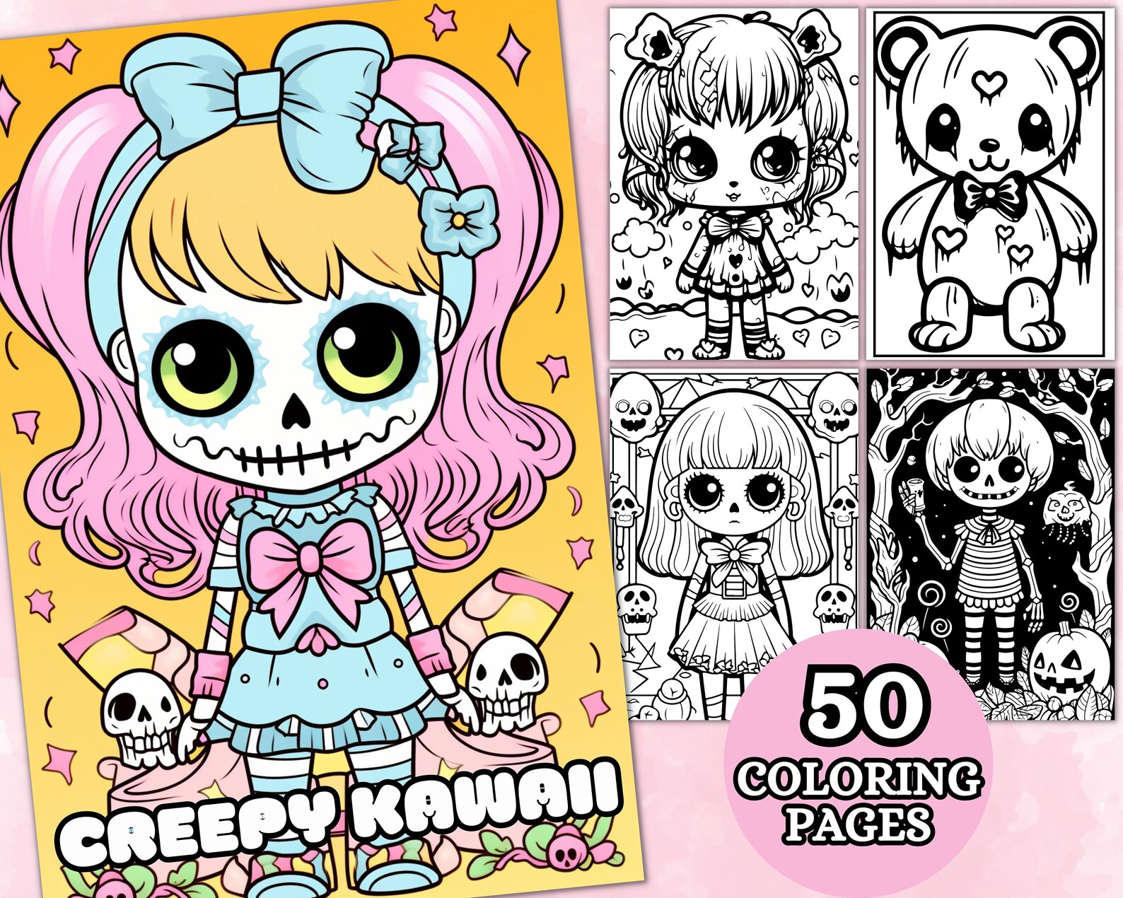 Creepy Kawaii Coloring Pages for Kids and Adults, Halloween Coloring ...