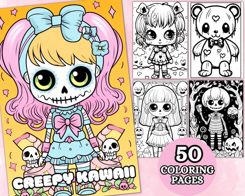 Creepy Kawaii Coloring Pages for Kids and Adults, Halloween Coloring ...