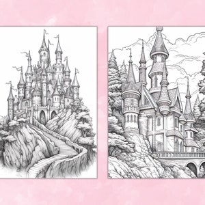 Fairytale Castles Coloring Pages, Grayscale Coloring Page, Fantasy ...