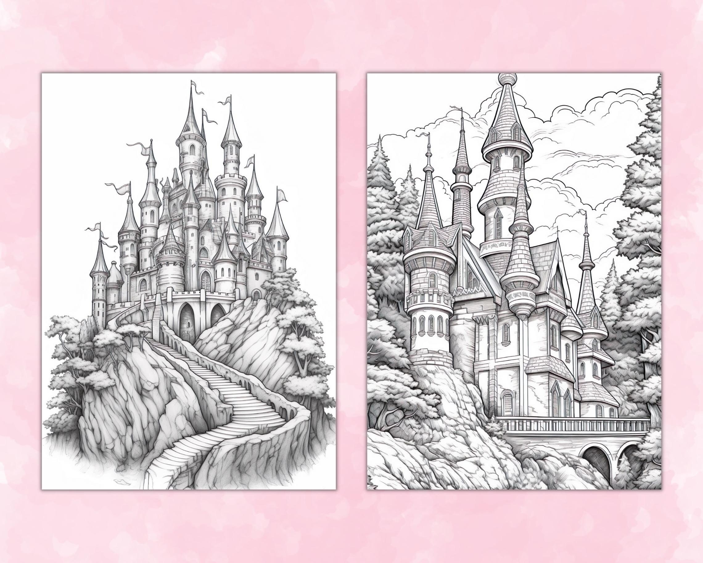 Fairytale Castles Coloring Pages, Grayscale Coloring Page, Fantasy ...