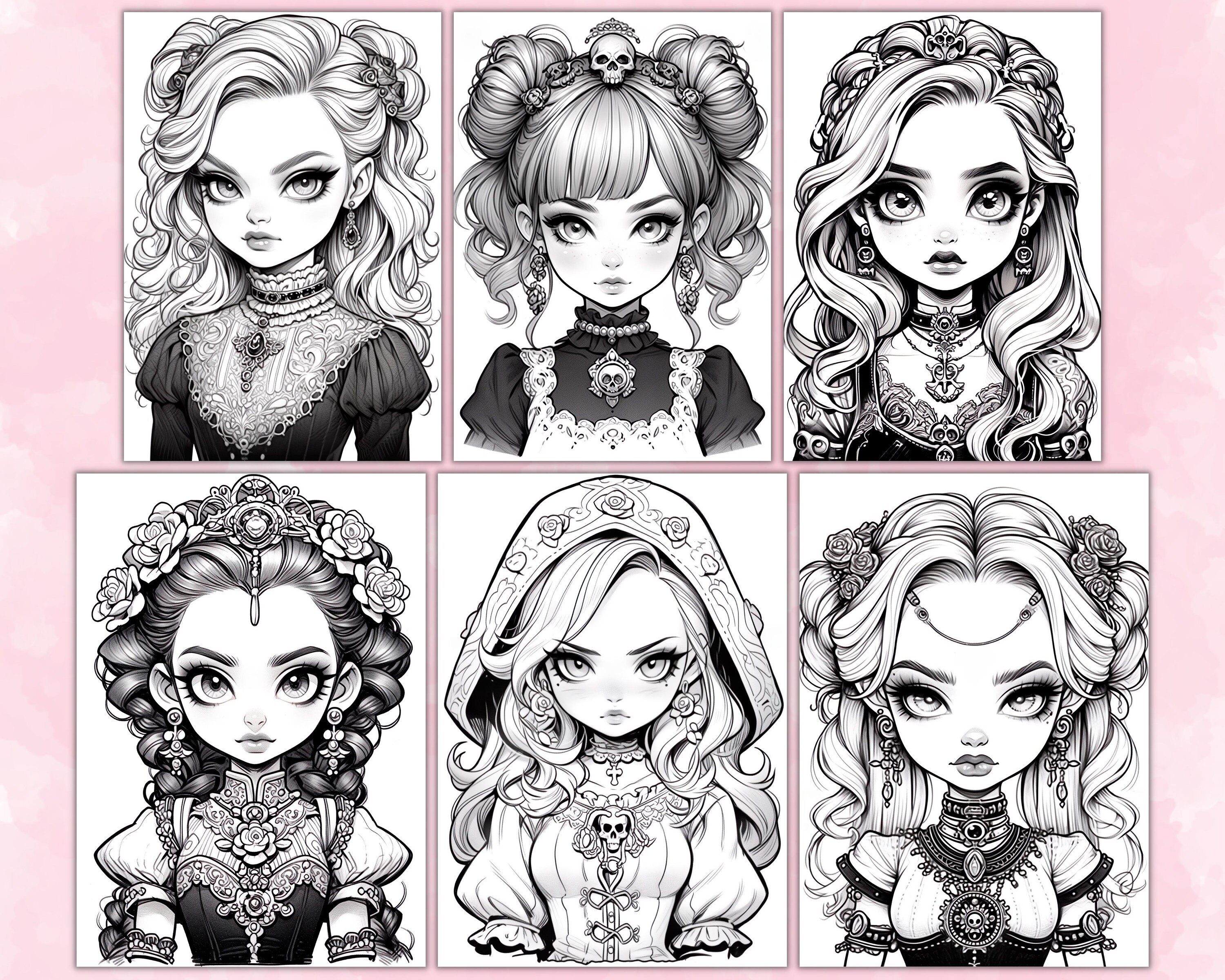 Anime Gothic Enchantresses Coloring Pages for Adults, Grayscale ...