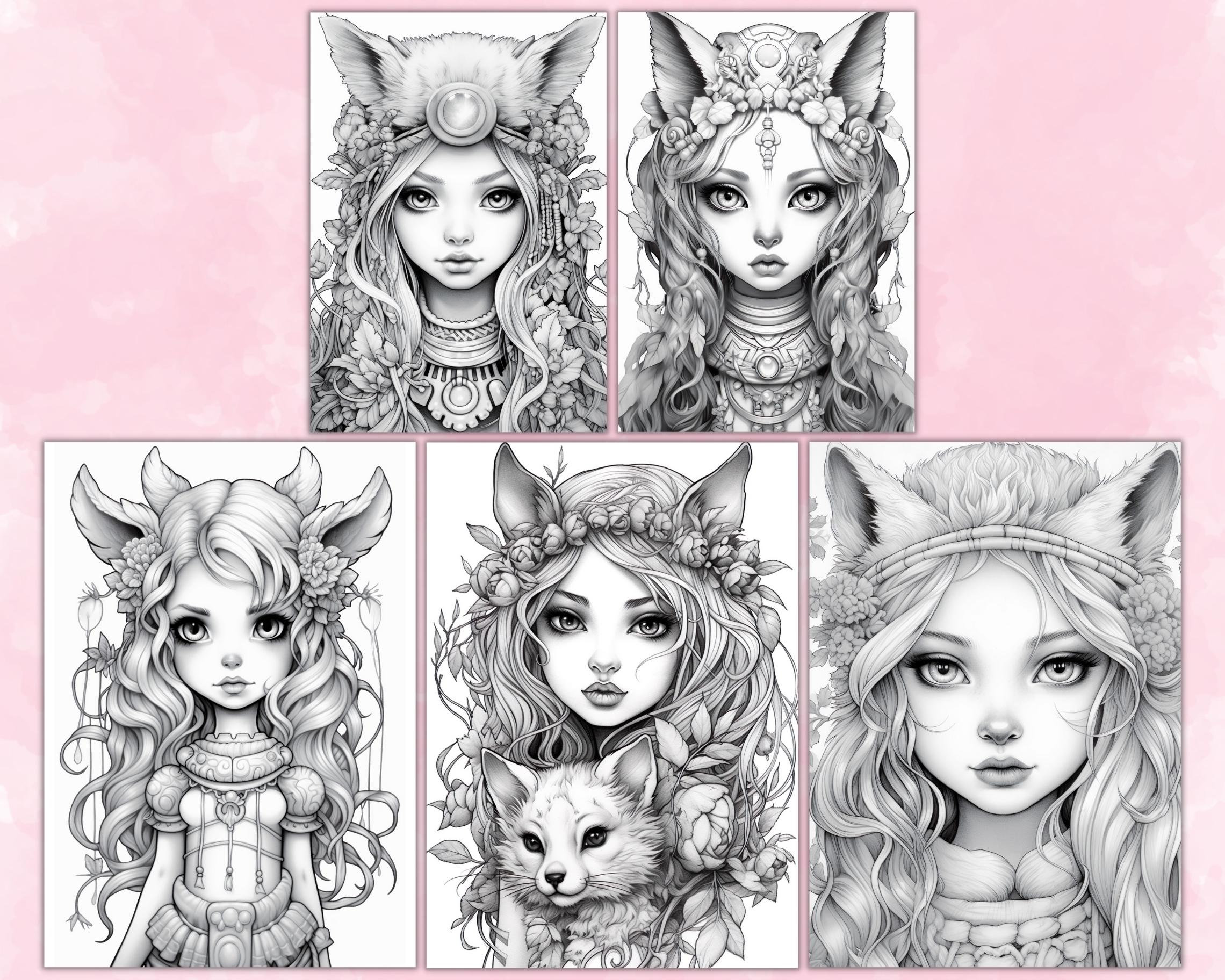 Cute Druid Girls Coloring Book, Grayscale Fantasy Anime (printable PDF ...