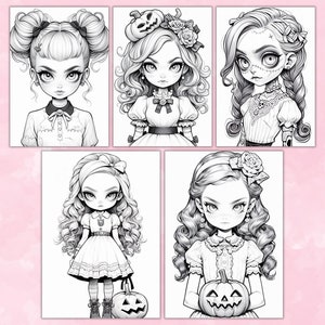 Anime Halloween Girls Coloring Pages for Adults, Grayscale Coloring ...