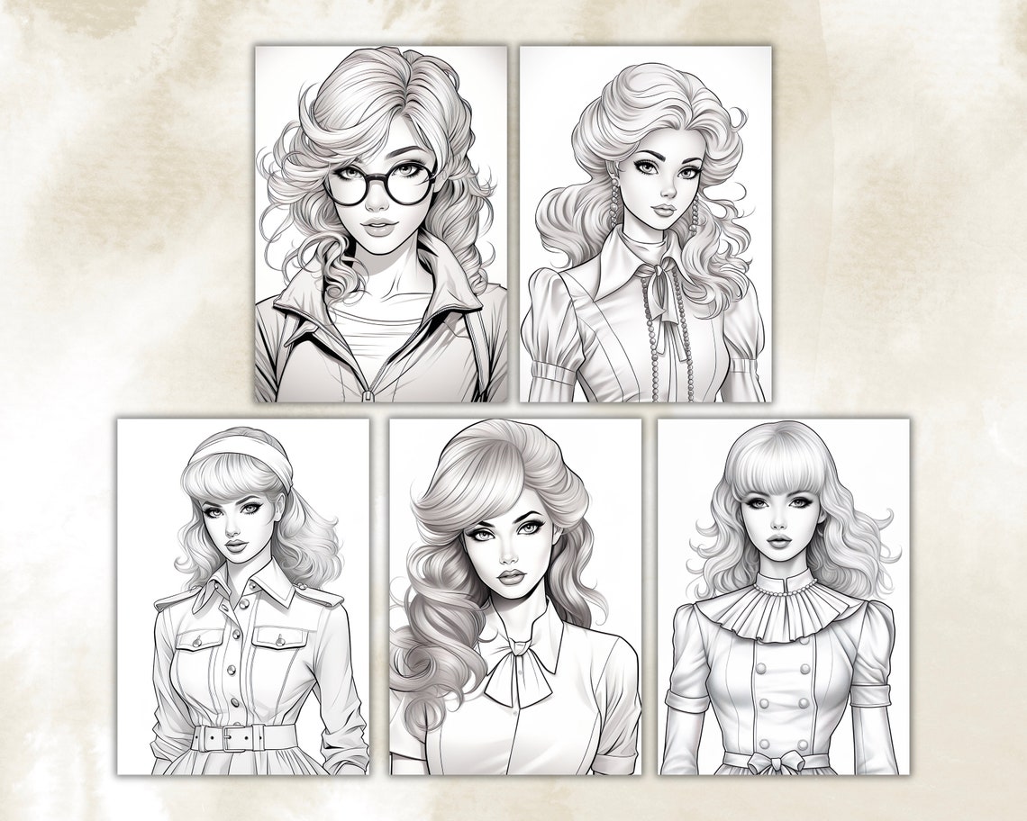 Retro Girls Coloring Pages for Adults and Teens, Grayscale Coloring ...