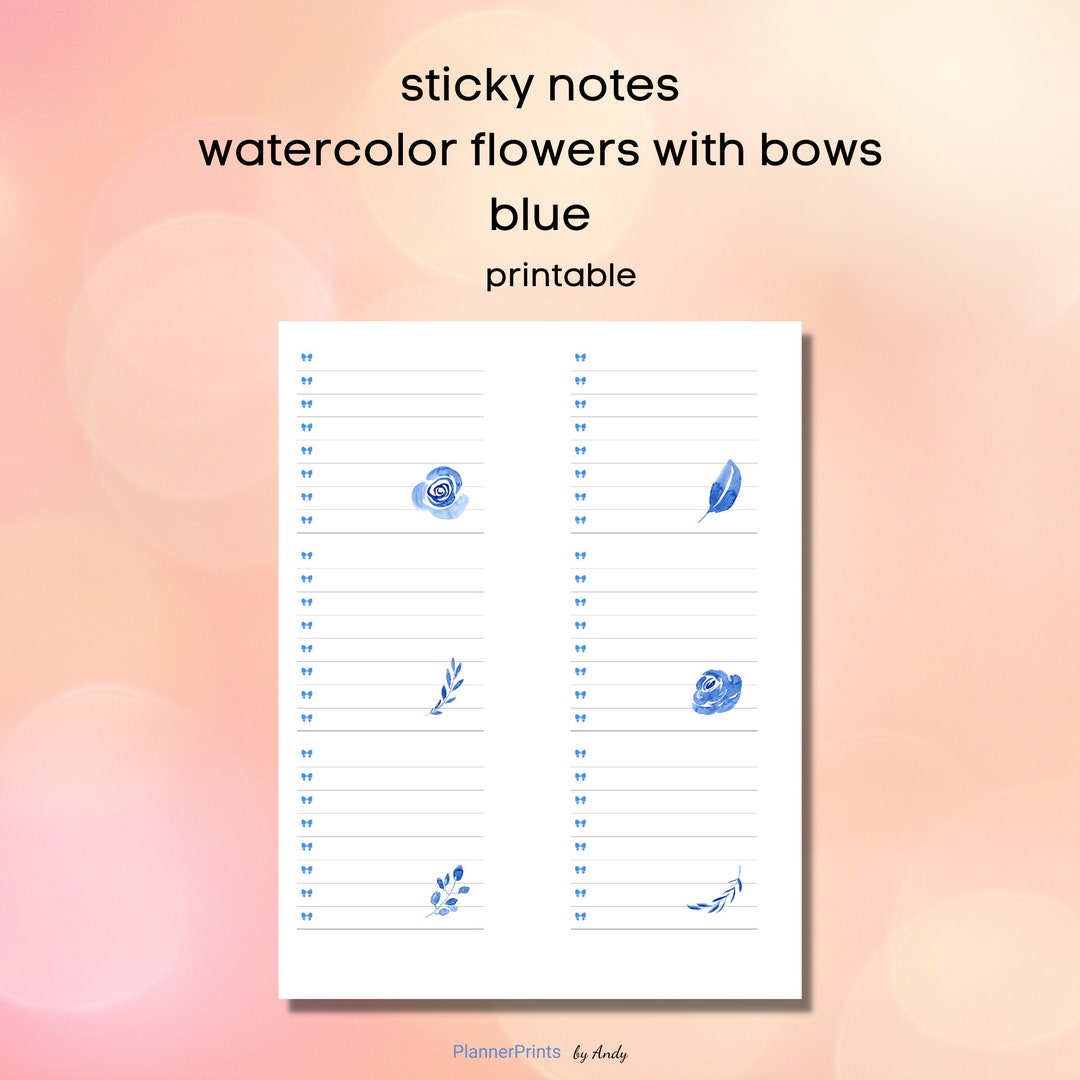 Sticky Notes - Printable - Blue Watercolor Flowers - Minimalistic ...