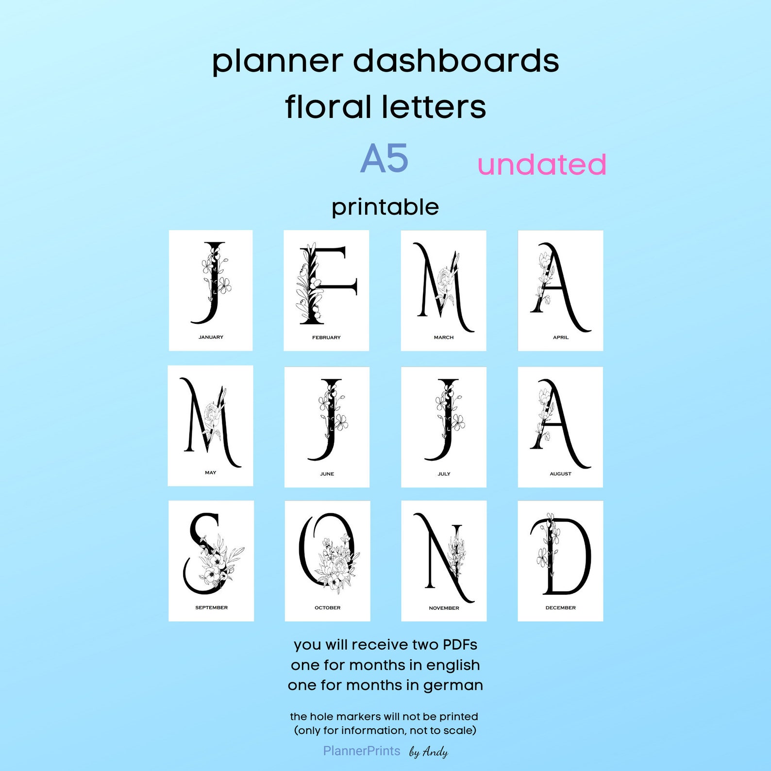 Monthly Dashboards - Undated - A5 - Monthly Letters - Floral Design ...