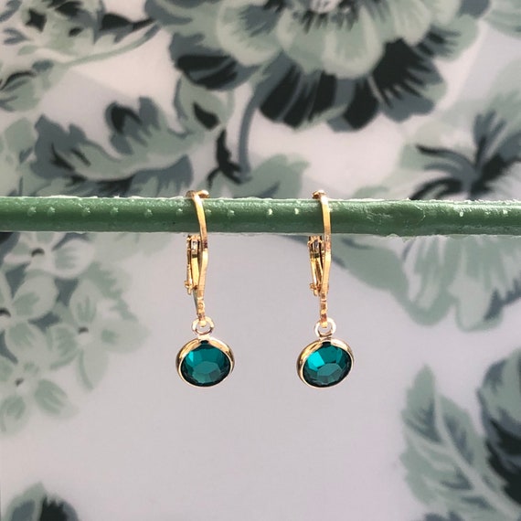 May Emerald Birthstone Charm Earrings 14K Gold Plated Lever | Etsy UK