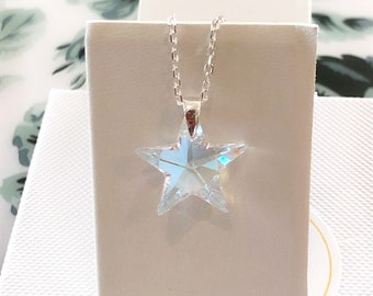 Crystal Star Sterling Silver Necklace Swarovski Crystal Blue AB Star Pendant Best Friend Gift Sparkly Gift Idea for Women Valentine Present